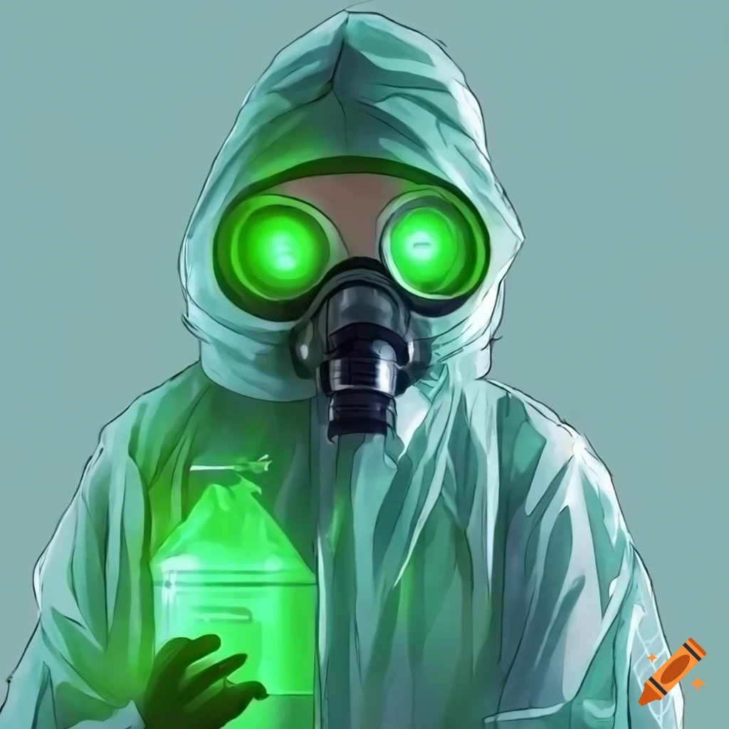 Anime scientist girl with gas mask holding a glowing green chemical on ...