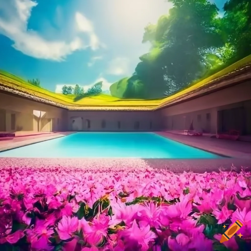 Liminal long pool with white walls and pink flowers on Craiyon
