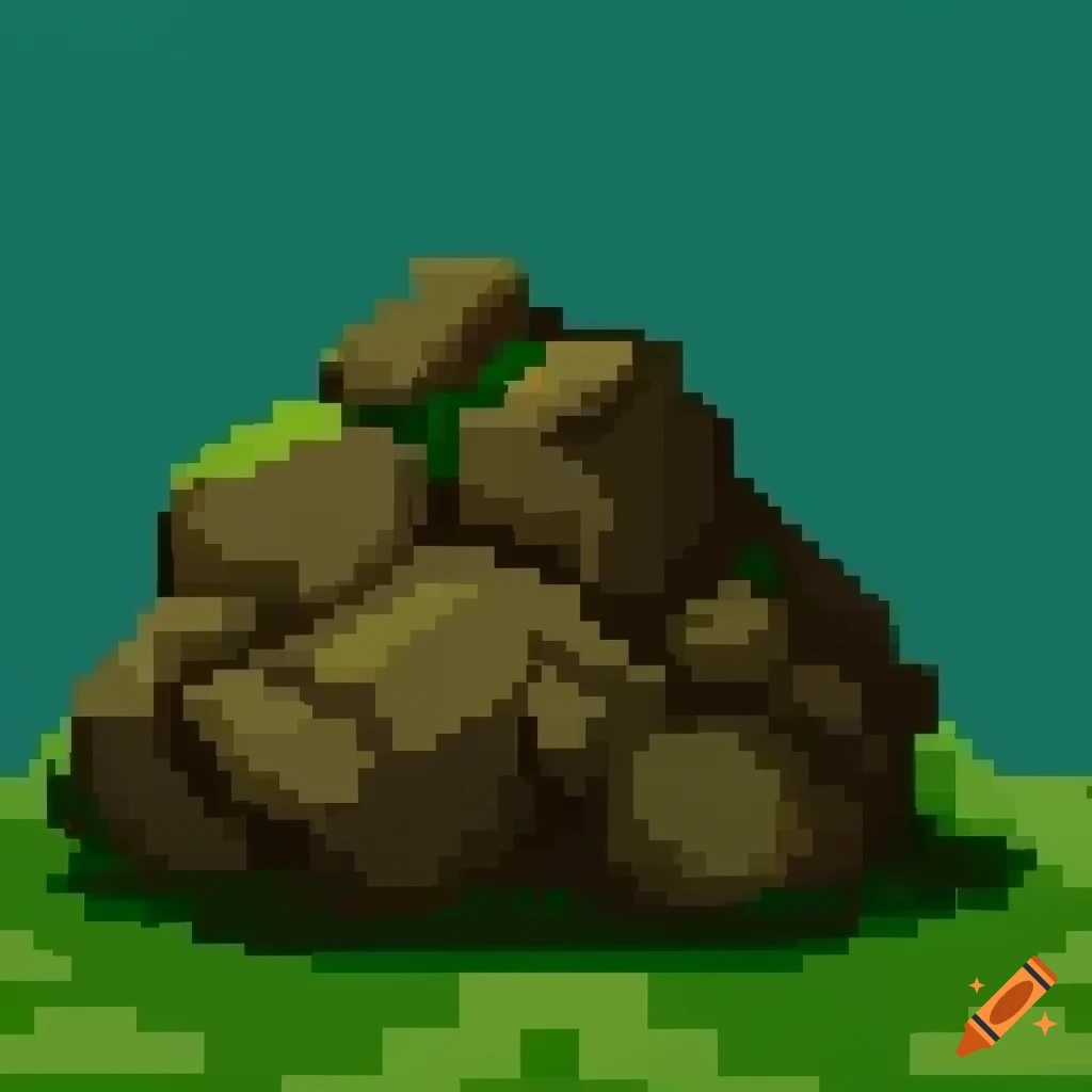 Detailed side view of a moss-covered boulder in pixel art on Craiyon