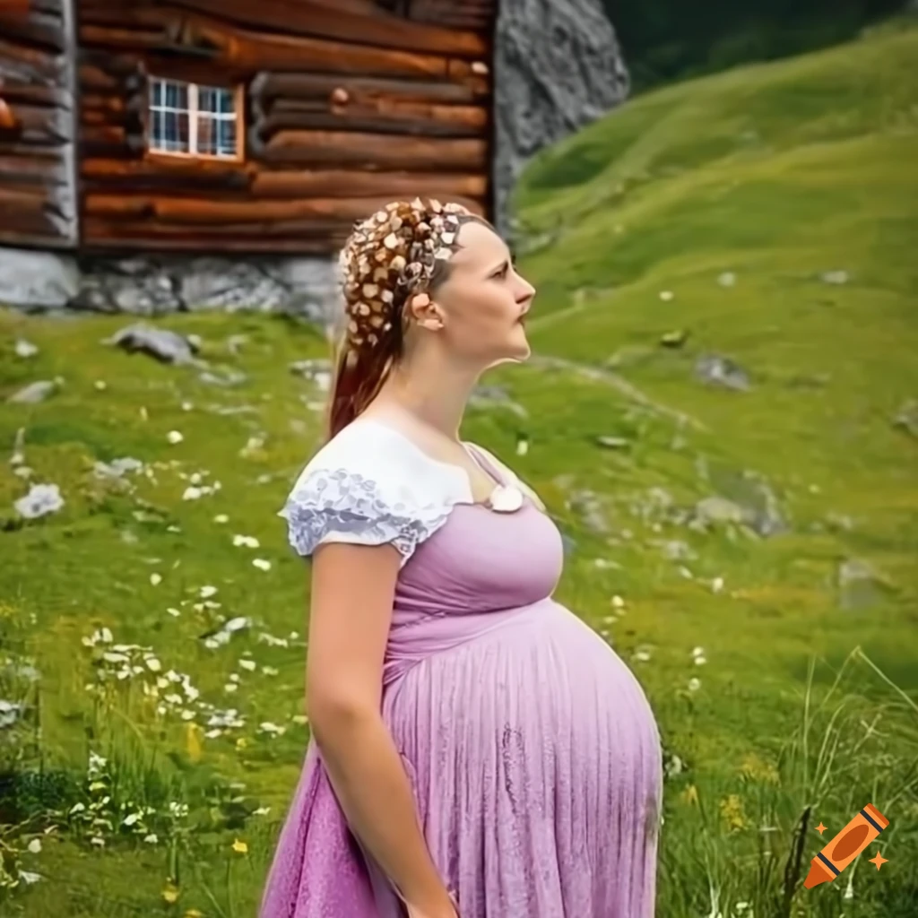 Woman in traditional swiss dress standing by a cabin in the swiss alps ...