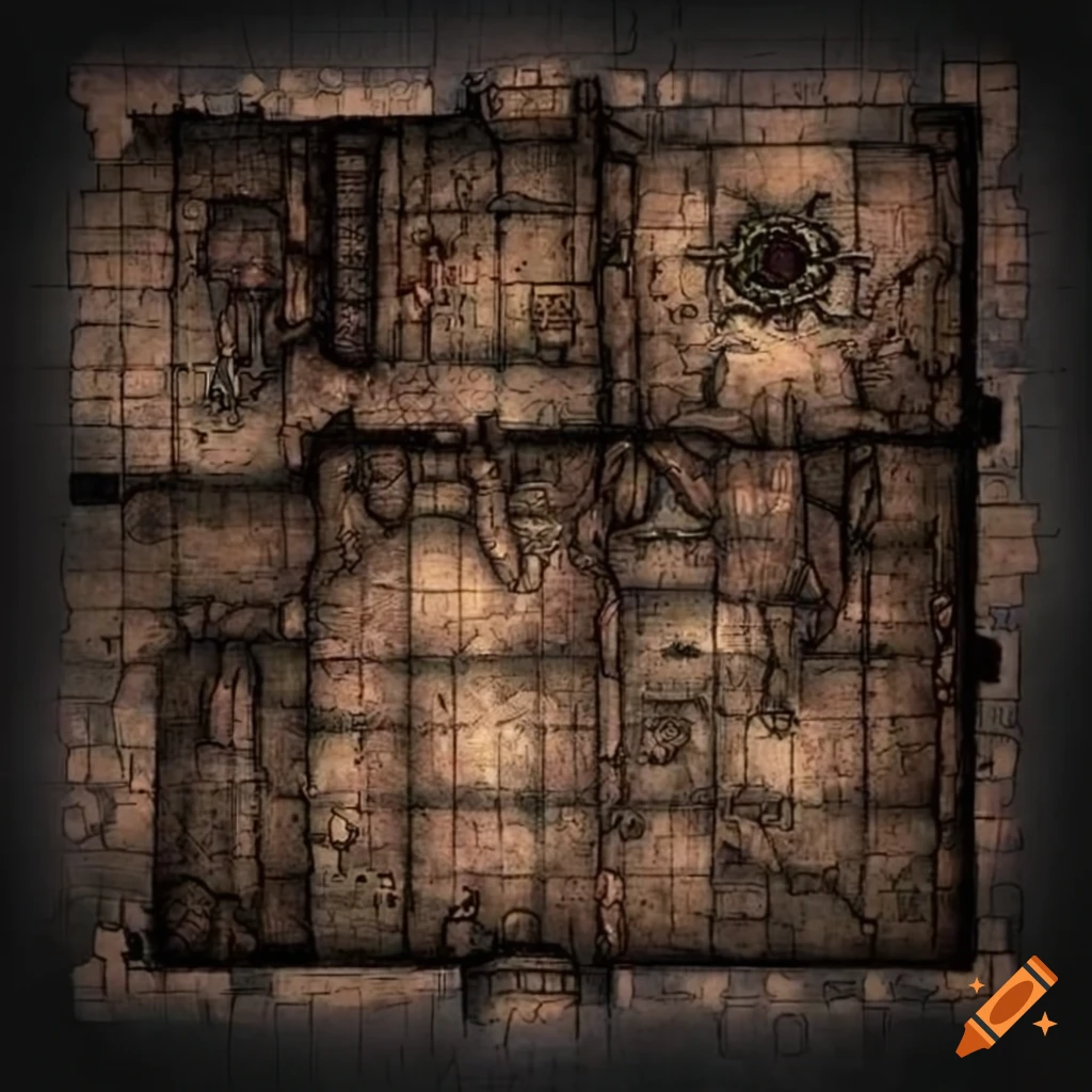 Detailed gothic dungeon map illustration in ink on Craiyon