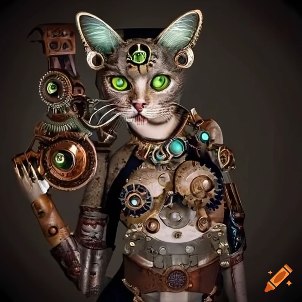 Steampunk Cyborg Cat goddess in a captivating steampunk realm on Craiyon