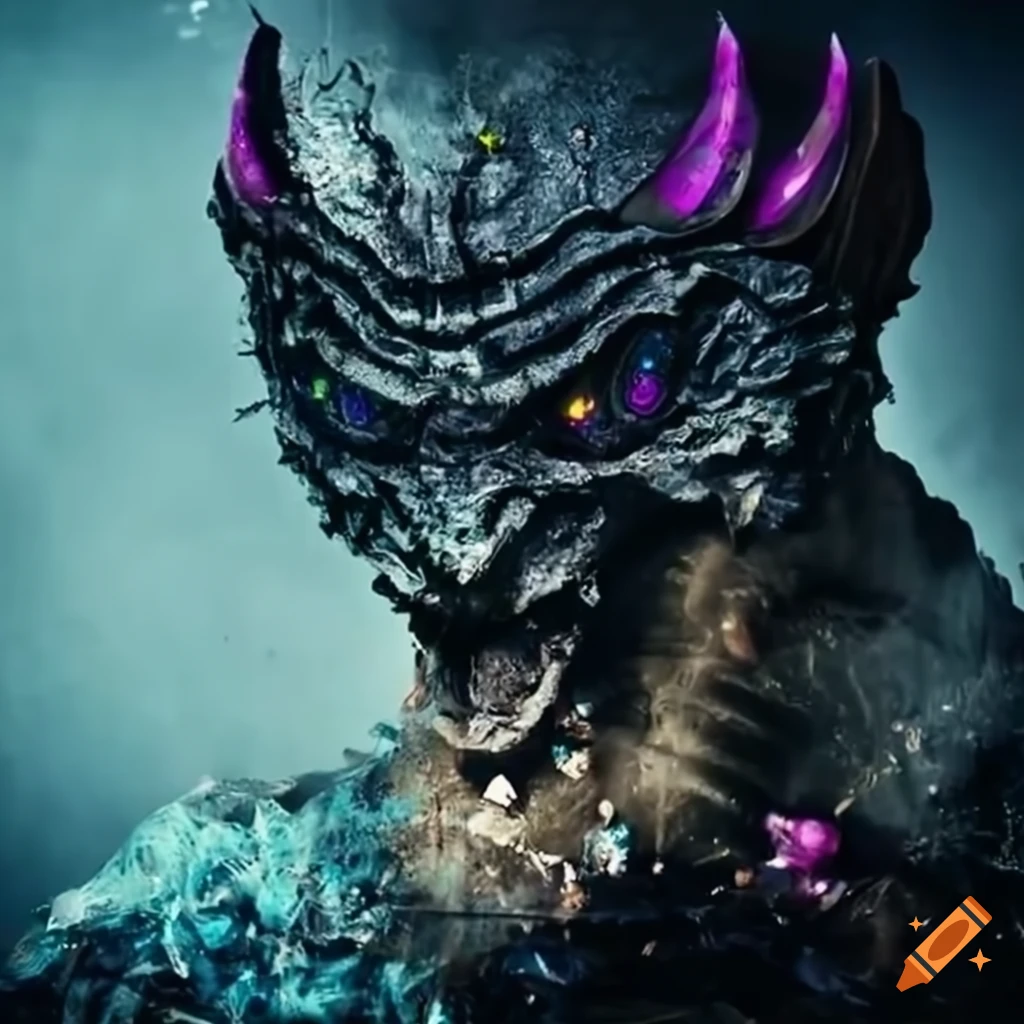 Majestic creature emerging from a quarry with garbage and jewels on Craiyon