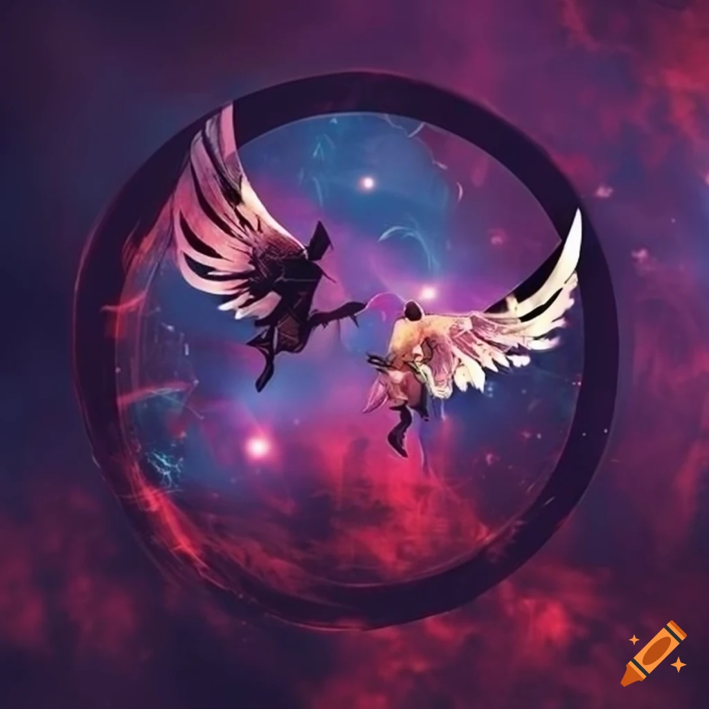 Circular logo with angel and demon planet for clothing brand on Craiyon