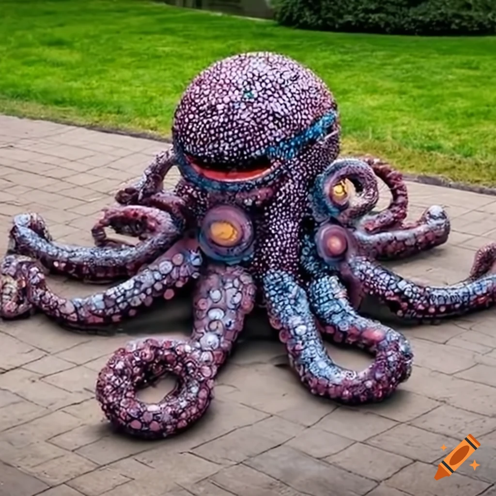 Octopus sculpture made of vhs cassettes in a brick parking lot on Craiyon