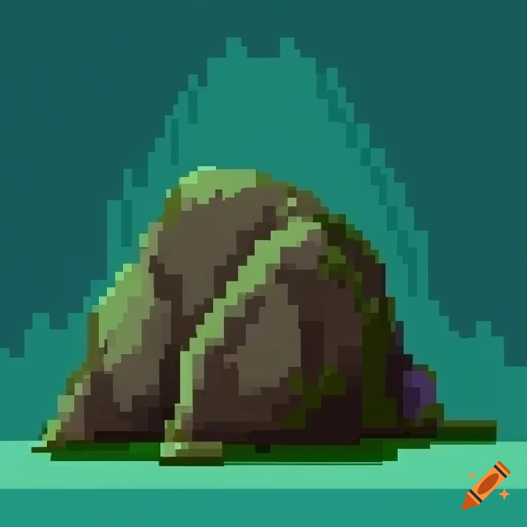 Detailed side view of moss-covered boulder in pixel art style on Craiyon