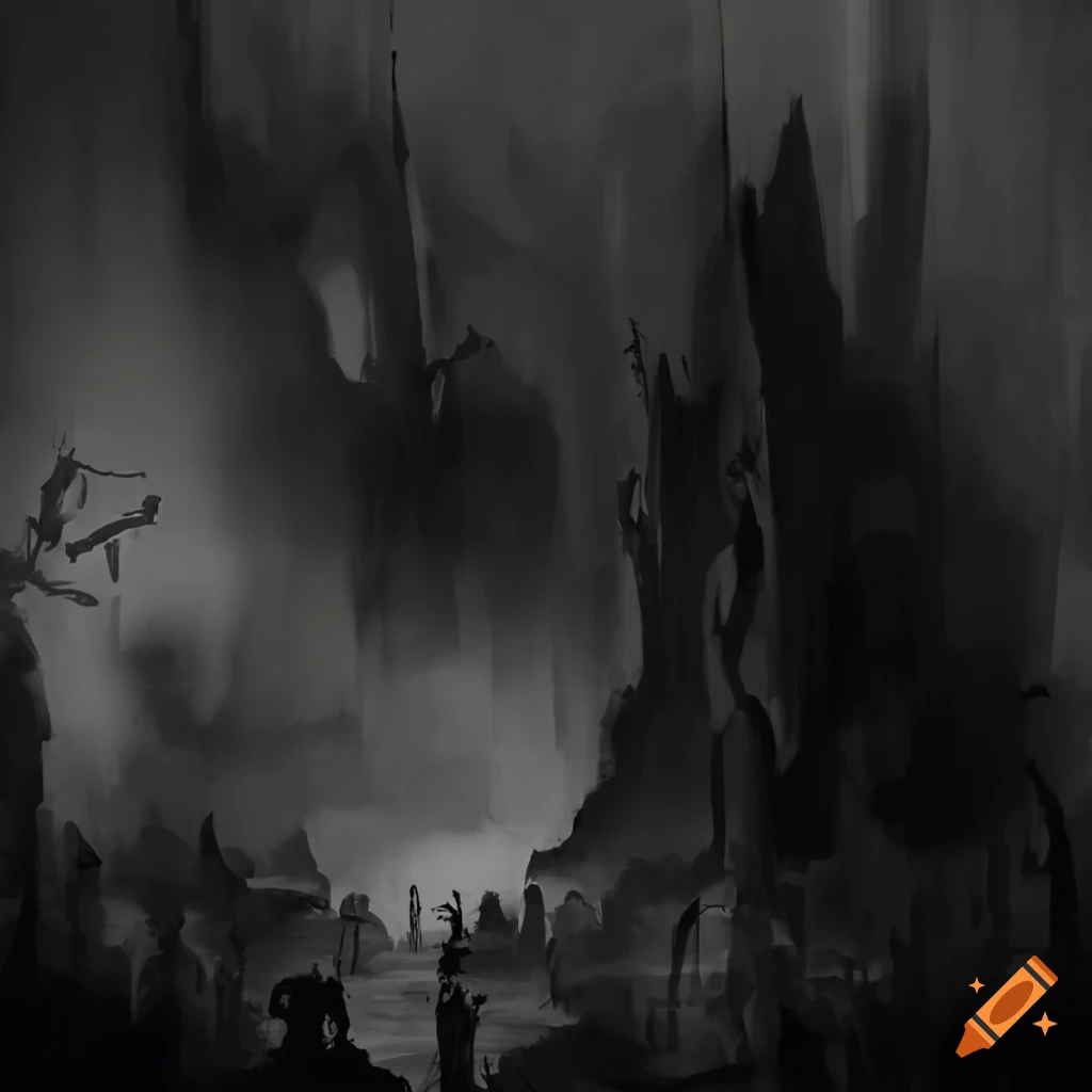 Monochrome abstract art depicting a battle in a war on Craiyon