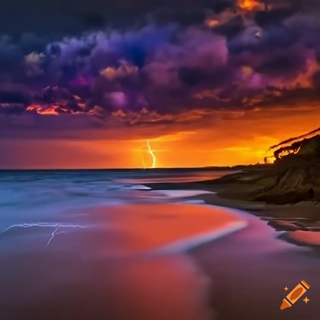 Sunset beach with lightning on Craiyon