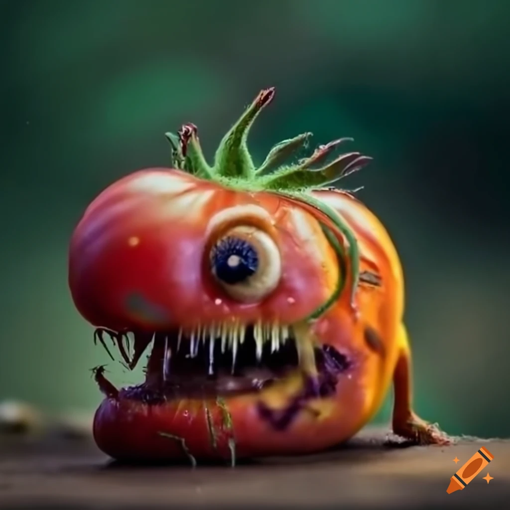Close-up portrait of rotten tomato fruit monster on wooden table on Craiyon