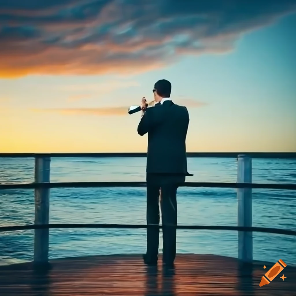 Businessman looking through a spyglass from a watchtower balcony over ...