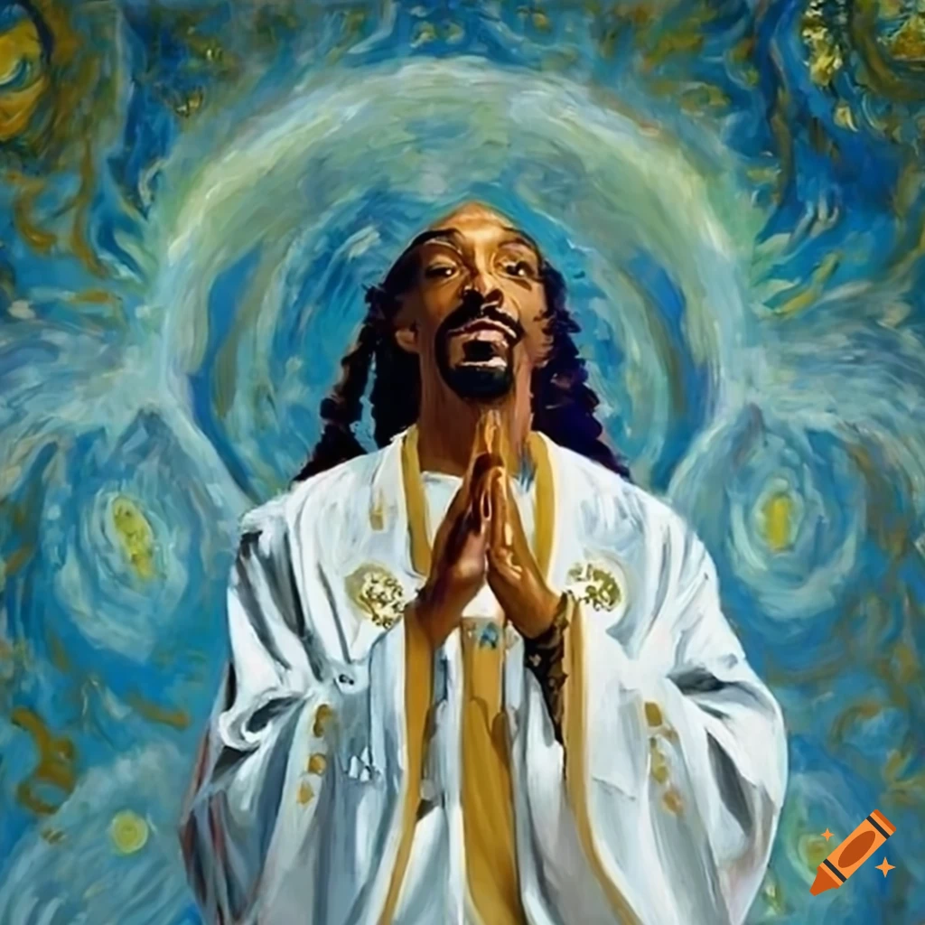 Snoop Dog in white robe making a V sign with a peaceful expression on ...