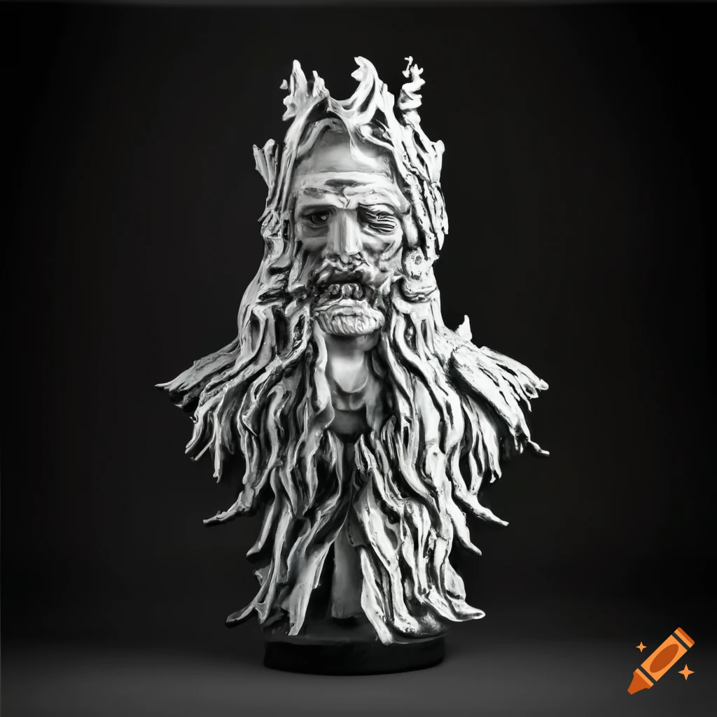 Detailed black and white bust of a bearded forest god on Craiyon