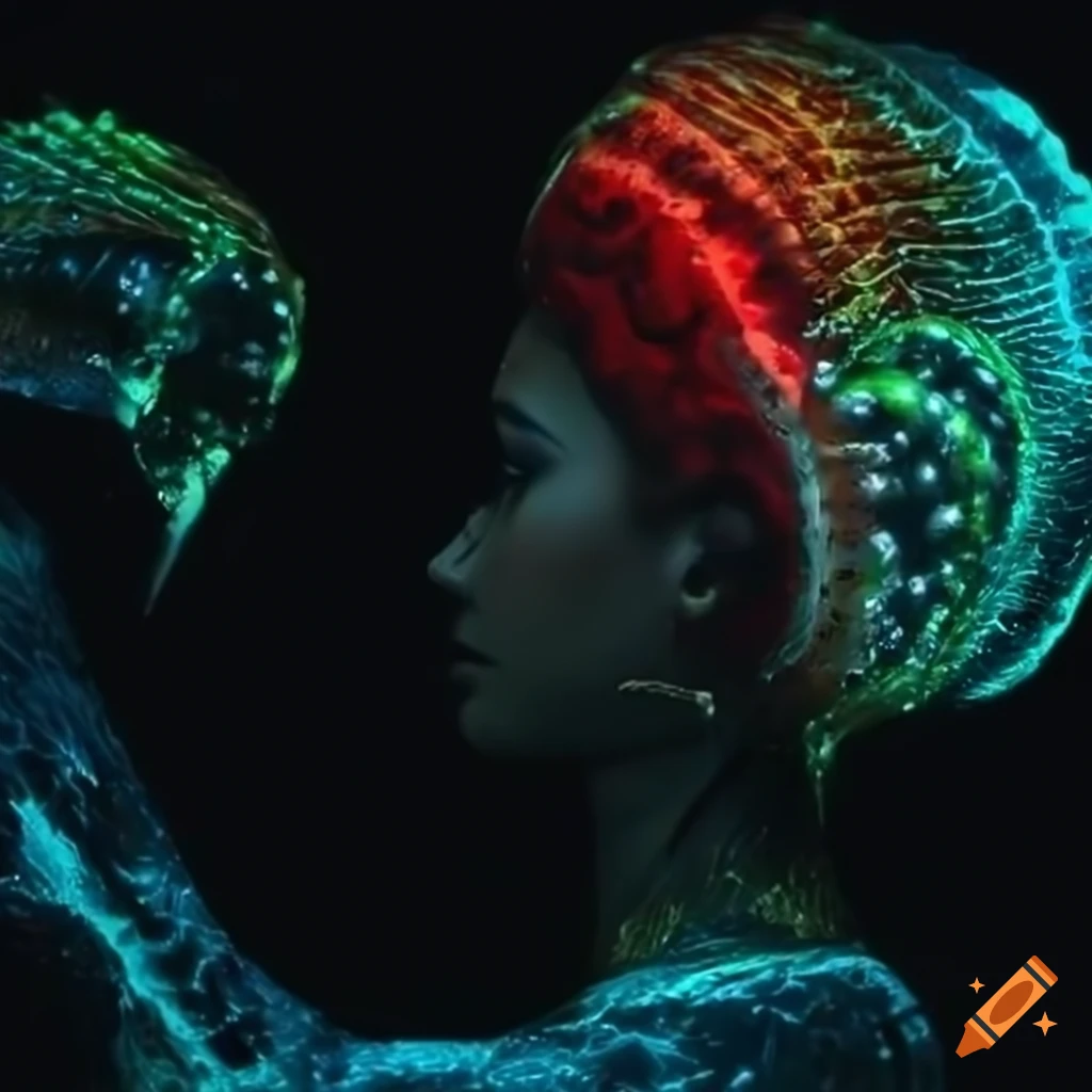 Close-up of biopunk mermaid showcasing bioluminescent scales, gills ...