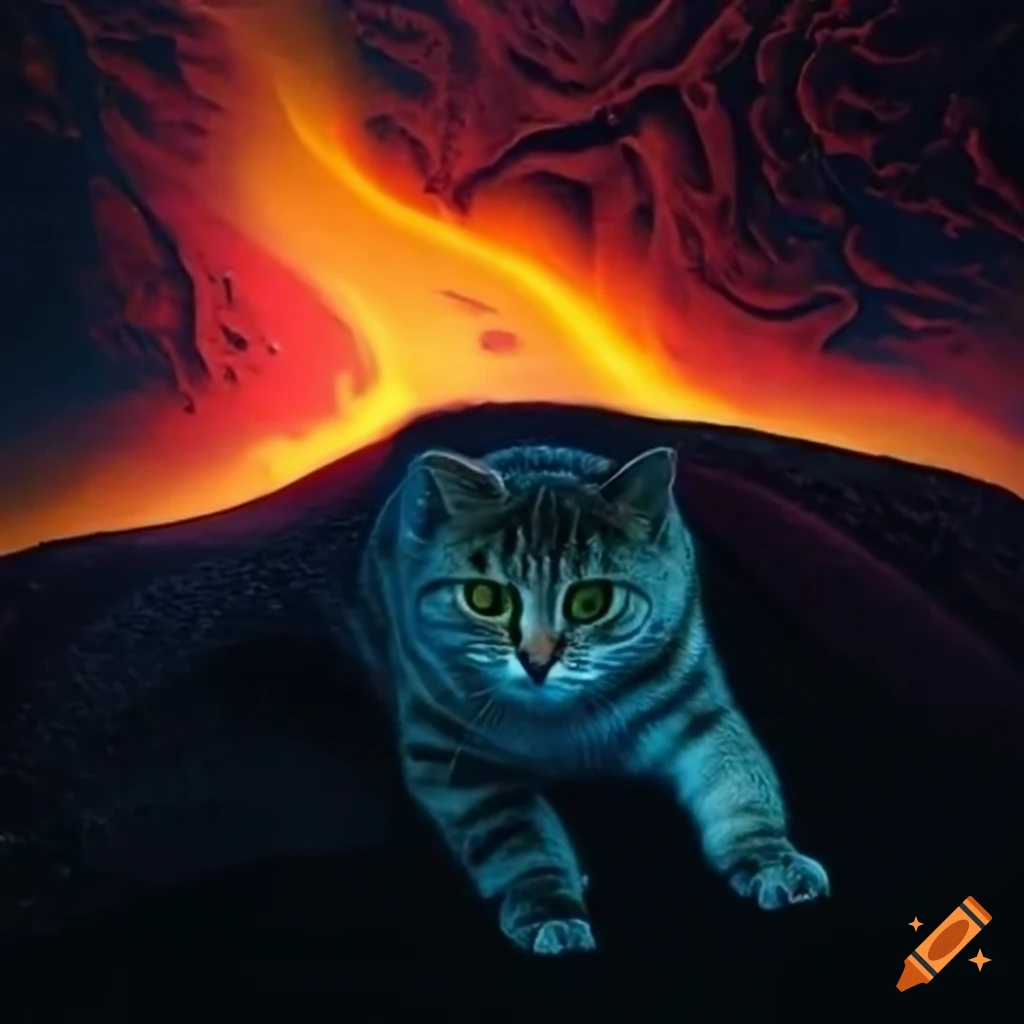 Cat surfing on lava on Craiyon