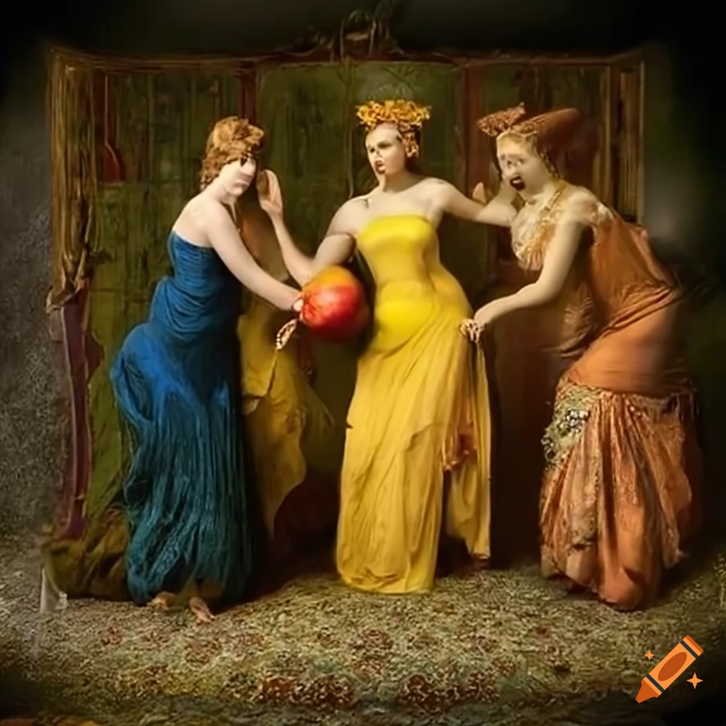 Three goddesses fighting over a golden apple in a fancy garden on Craiyon
