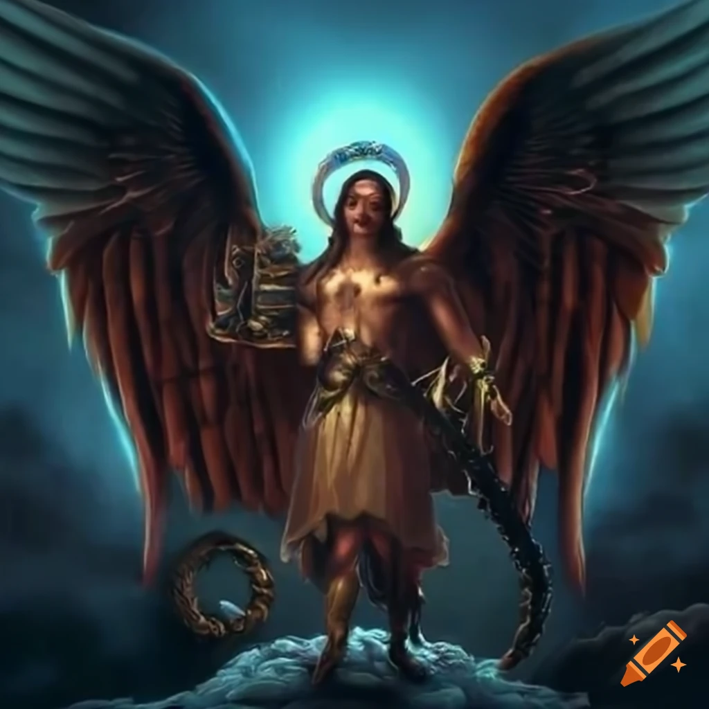 Illustration of an angel with a key and a chain, capturing the dragon ...