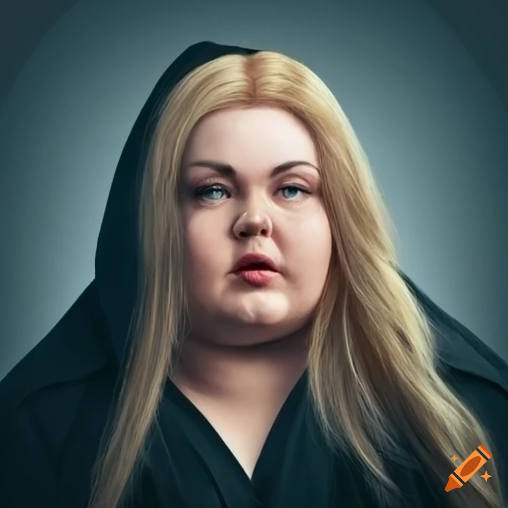 Overweight 45 Year Old Woman With Long Blonde Hair In A Black Robe On