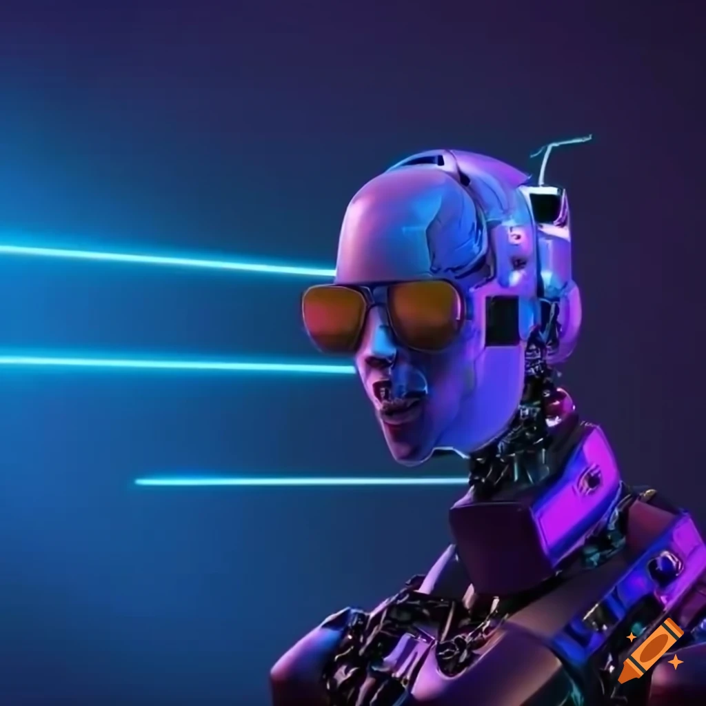Cyberpunk robot playing synthesizer among blue and purple lasers on Craiyon