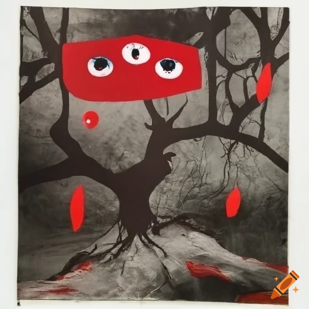 1980s collage dadaism with cutout bloodshot eyes in a dark forest on ...