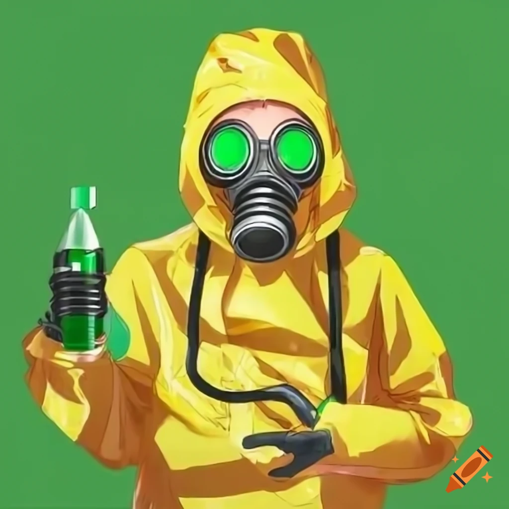 Anime girl in yellow hazmat suit with gas mask holding a glowing green ...