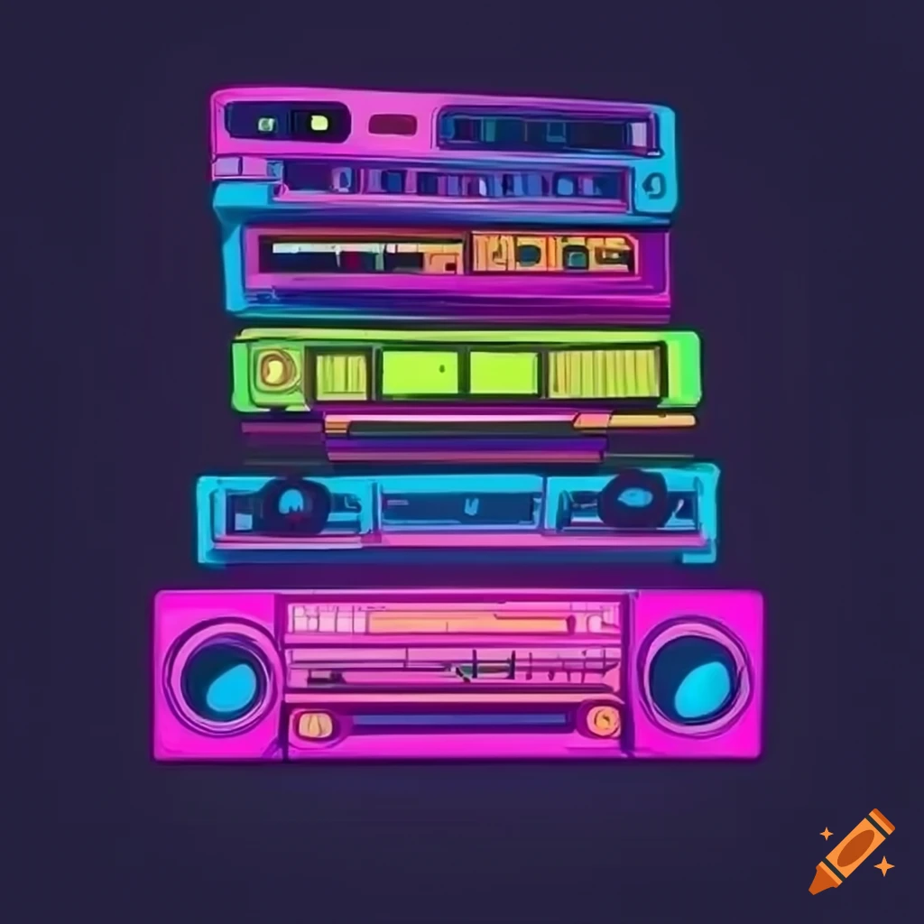 Colorful 80s stereo systems stacked in neon comic art style on Craiyon