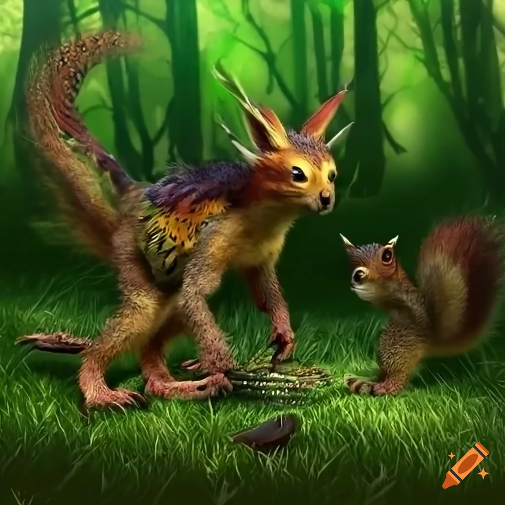 Fantasy hybrid forest creature with squirrel and pheasant features on Craiyon