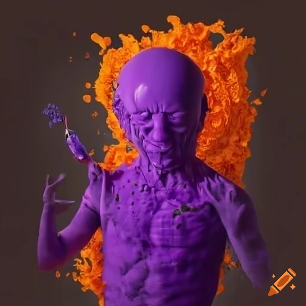 Purple man falling down orange soda waterfall on Craiyon