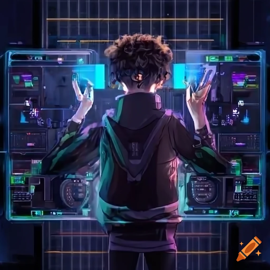 Curly-haired anime boy in futuristic outfit working on high-tech ...