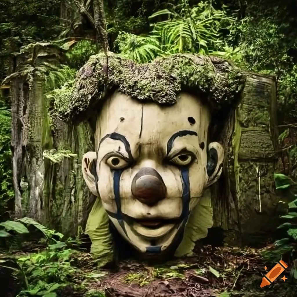 Ruins of an ancient civilization with overgrown giant clown head ...