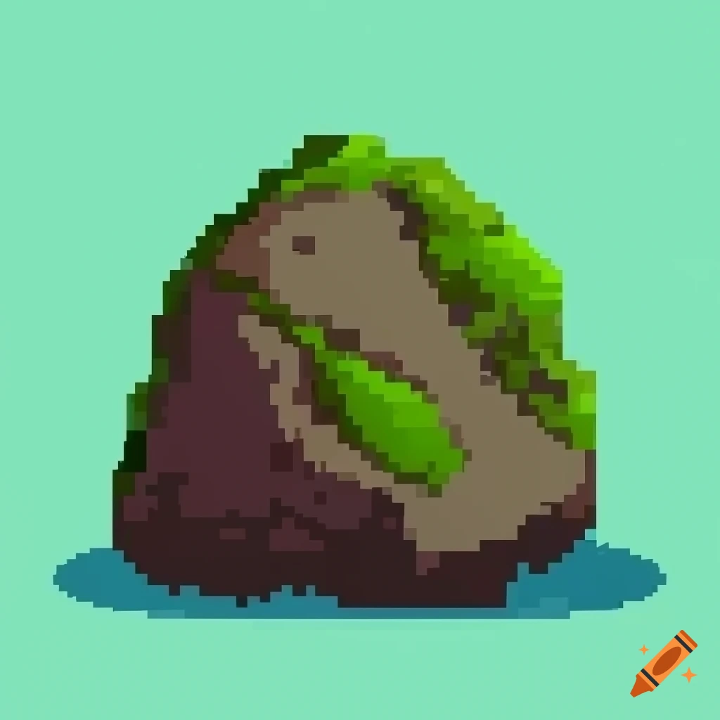 Detailed side view of mossy boulder in pixel art on Craiyon
