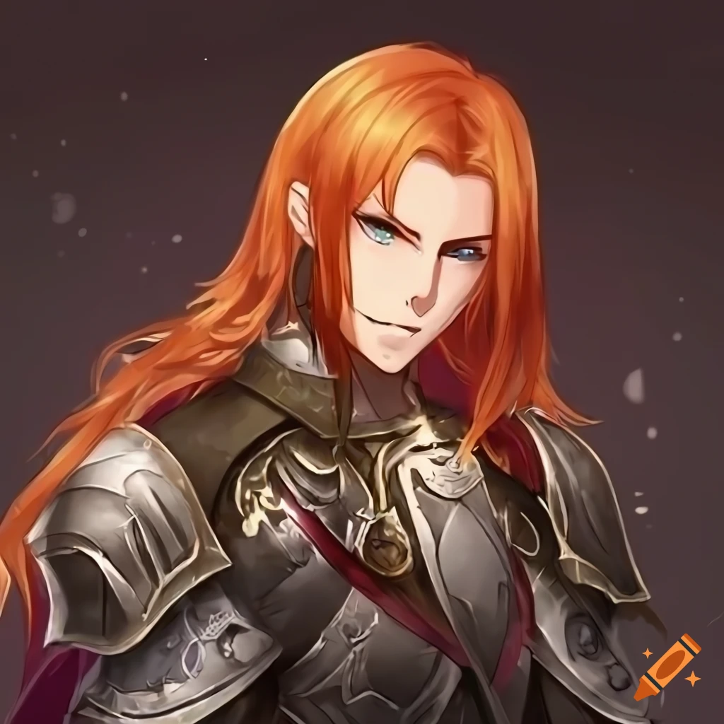 Anime male elf knight with long orange hair and green eyes on Craiyon