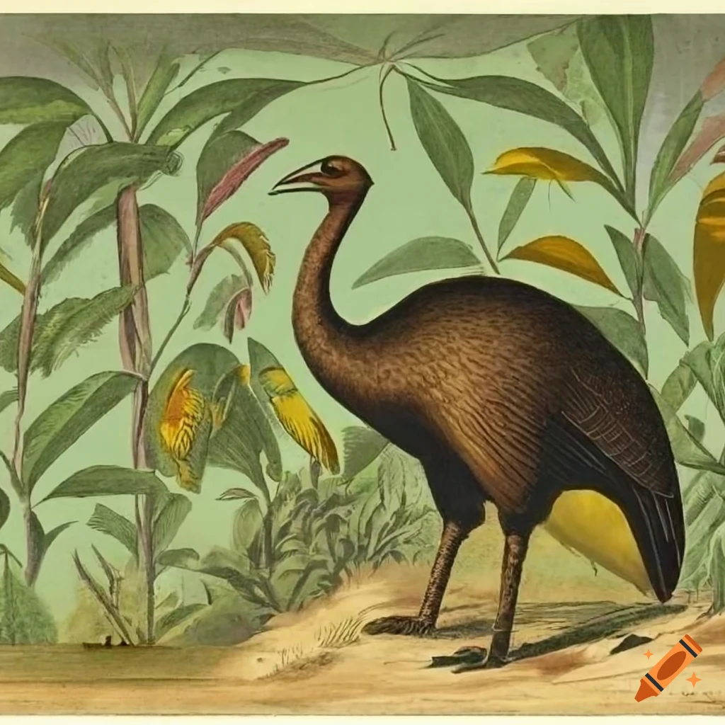 Audubon-style illustration of a Moa bird in lush habitat on Craiyon
