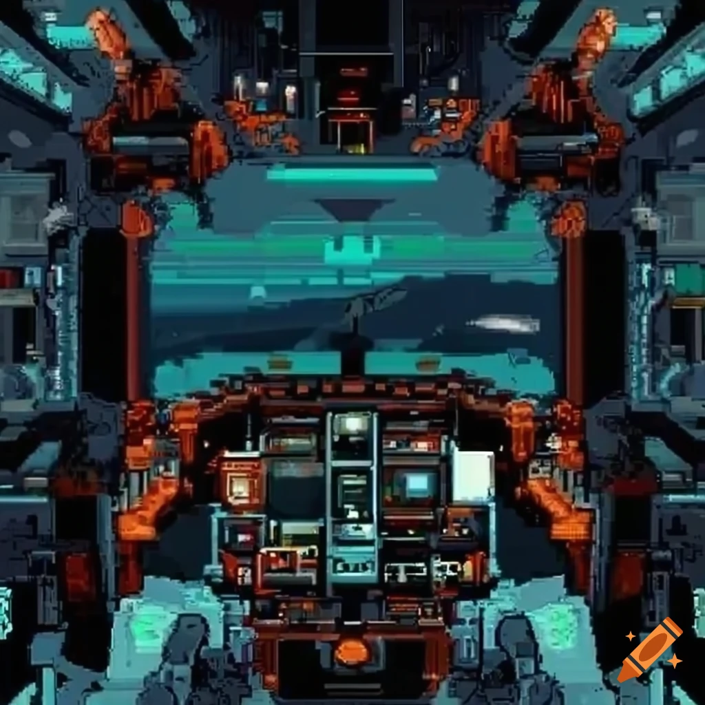 Pixelated mecha cockpit view in a retro game on Craiyon
