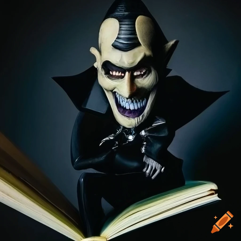 Cartoon villain gothic book with legs on a dark background on Craiyon