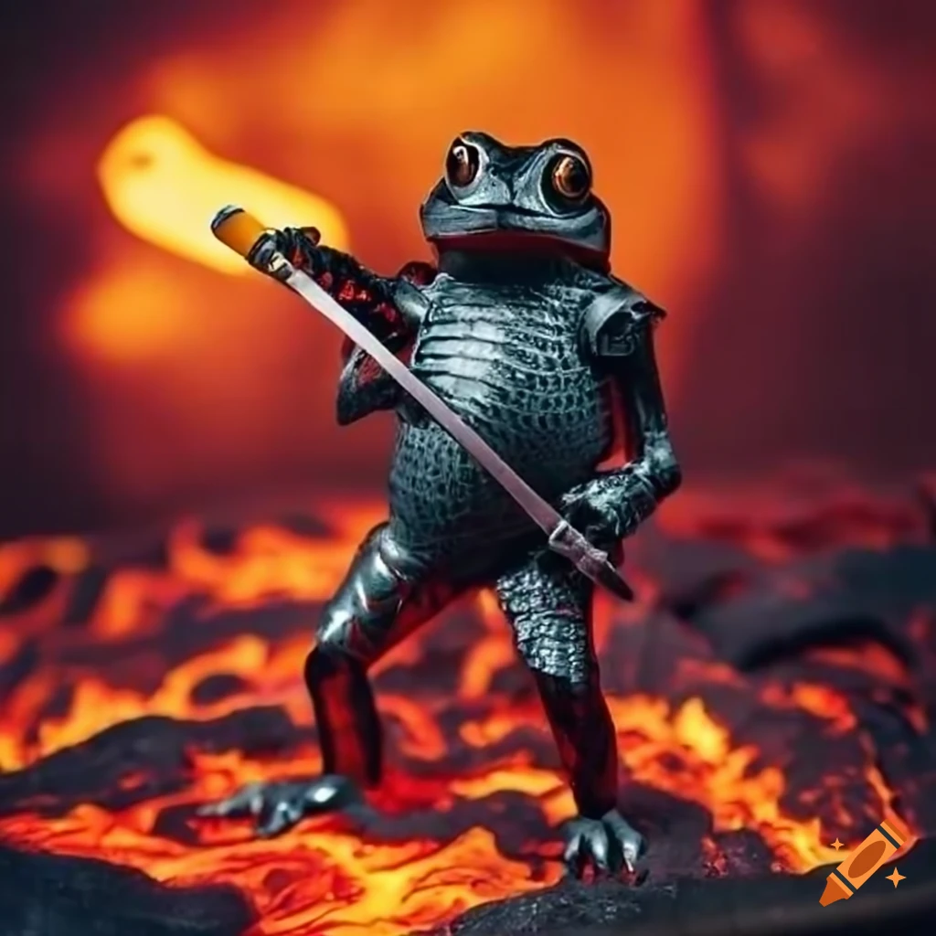 Frog in black plate armor holding a lava katana on Craiyon