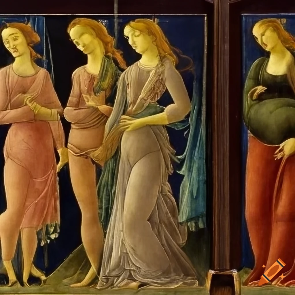 Full Body View Of A Group Of Pre Raphaelite Young Ladies With Long Hair In A Style Reminiscent
