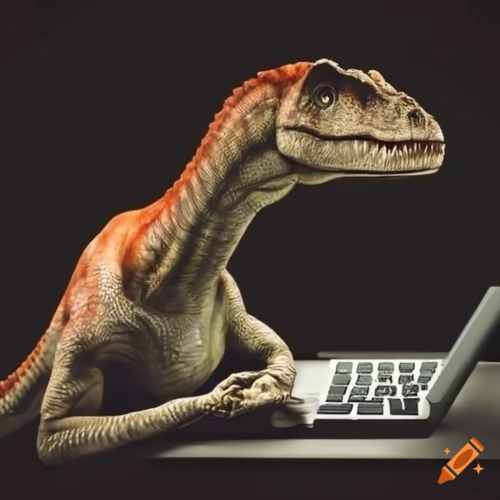 Dinosaur typing on a computer on Craiyon