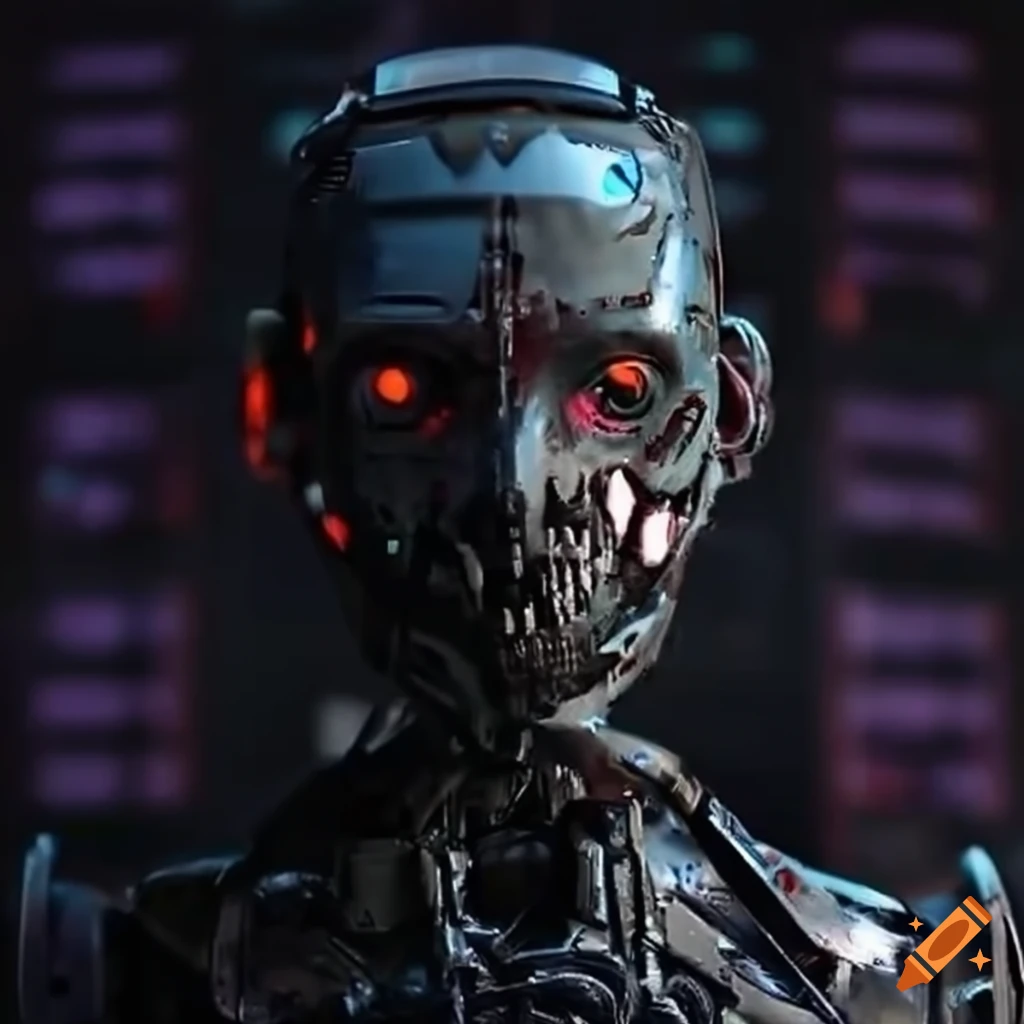 Cyberpunk robot transforming into a zombie on Craiyon