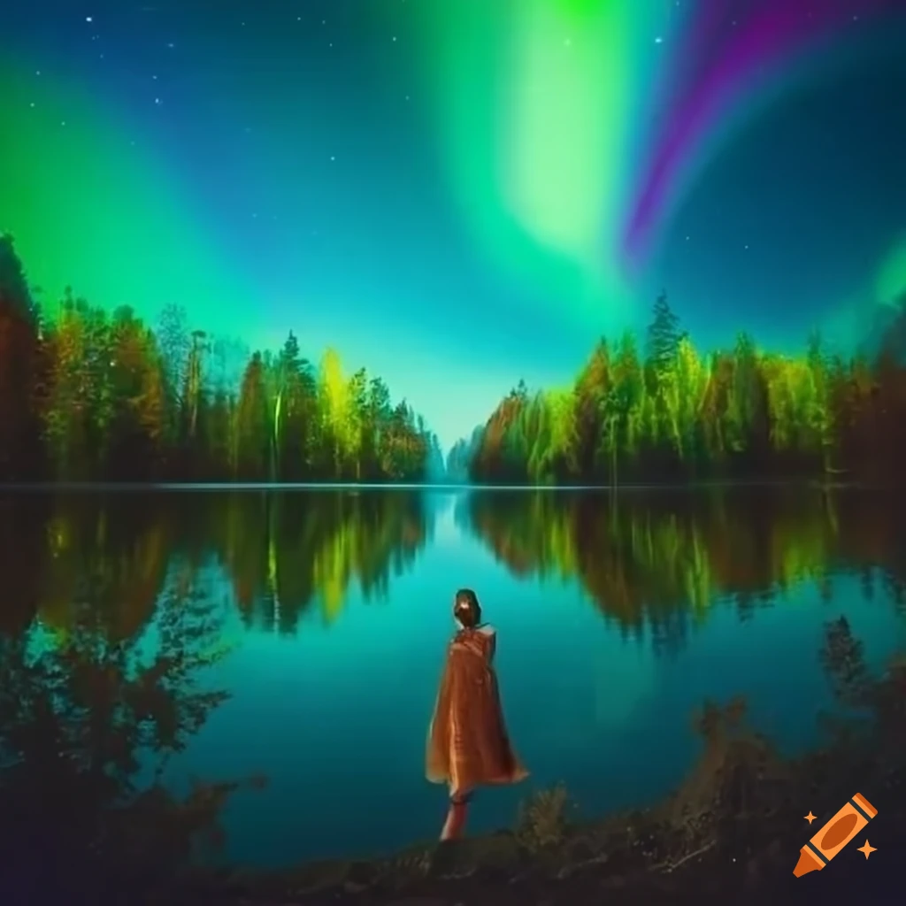 Surreal planet with colorful aurora and floating forests on Craiyon