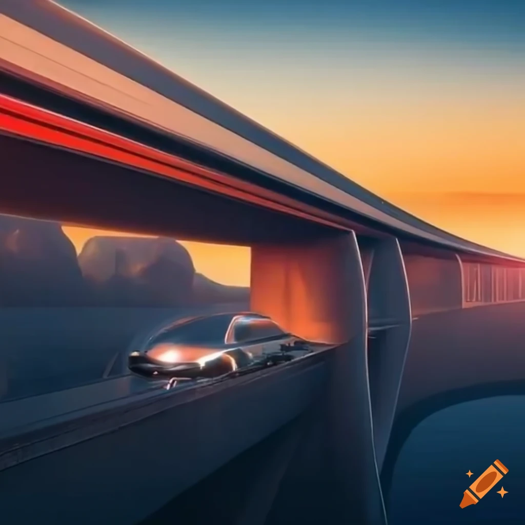 Futuristic modern Audi train on a viaduct at sunset on Craiyon