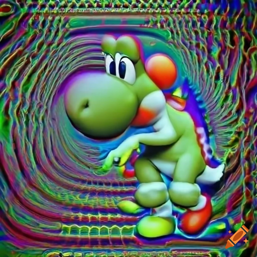 Yoshi in a colorful psychedelic setting on Craiyon