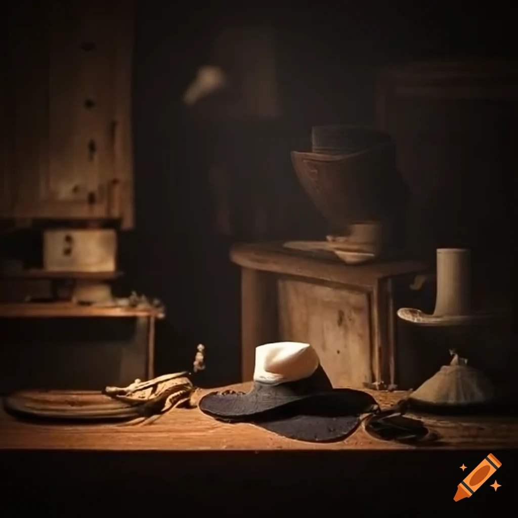 Old english hat workshop in dim lighting on Craiyon