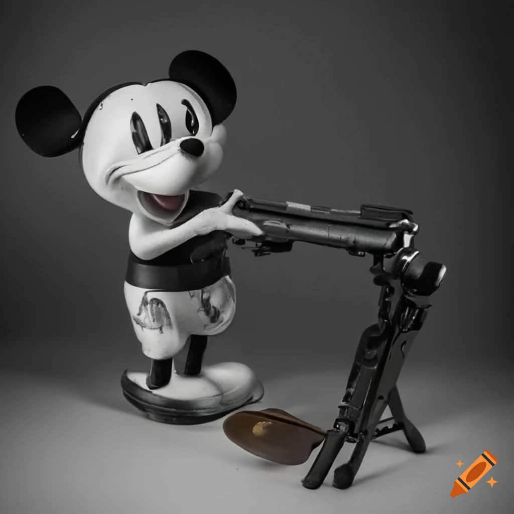 Vintage mickey mouse holding a machine gun in black and white on Craiyon