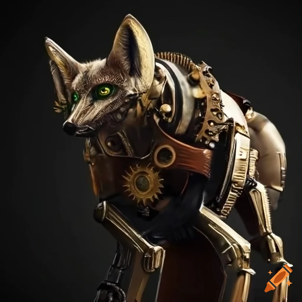 Bionic fox with steampunk plates walking in uhd resolution on Craiyon