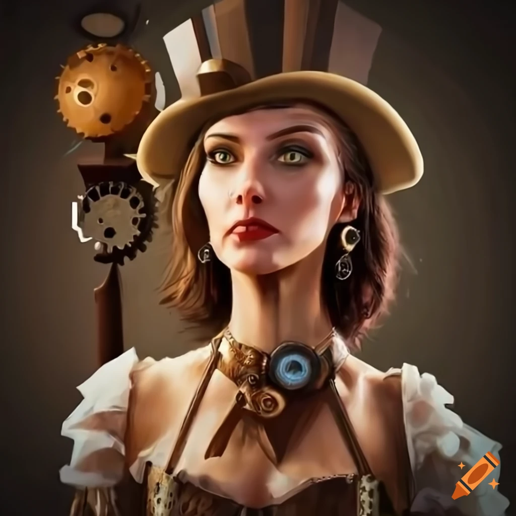 Profile of a steampunk woman in a clockwork town street on Craiyon
