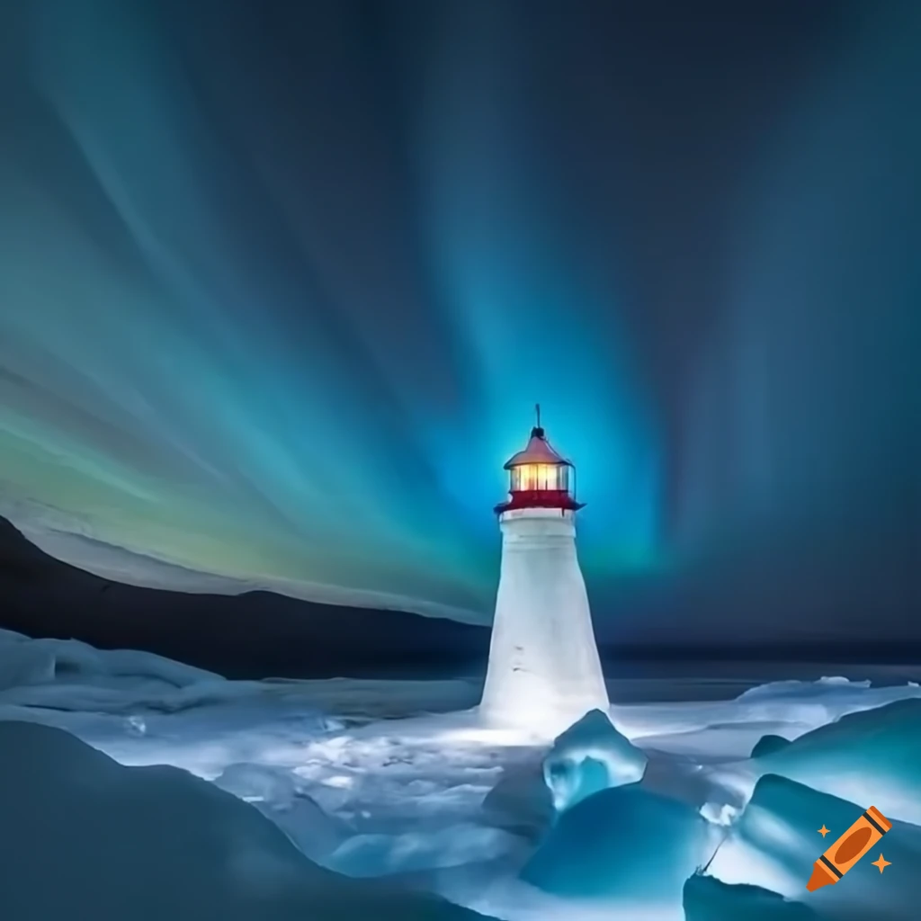 Lighthouse at night at end of ice cave on Craiyon
