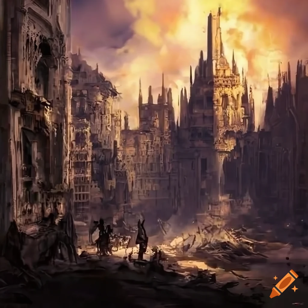 Destroyed fantasy city after a siege on Craiyon