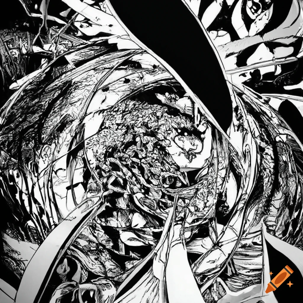 Black and white highly detailed manga panel with sharp outlines on Craiyon