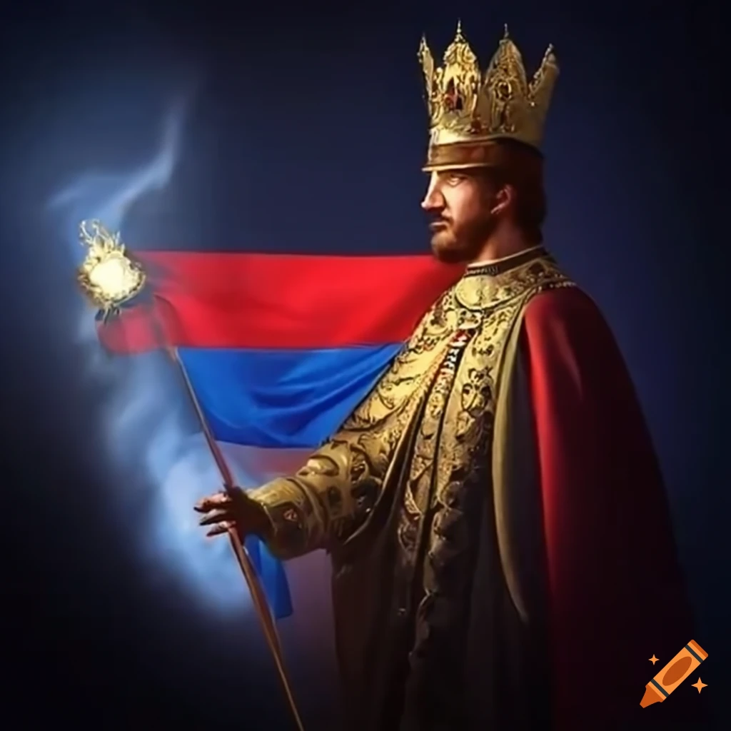 Three kings with armenian flags holding a holy crown at night on Craiyon