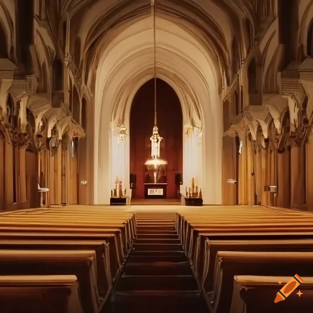 Church interior with dim moody lighting and empty pews on Craiyon